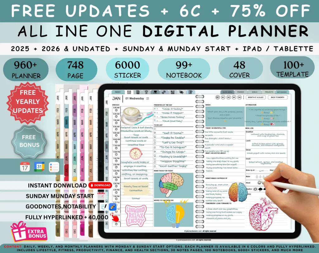 Digital Planner 2025 2026 & Undated With spread Blue Theme - My Digital Planner